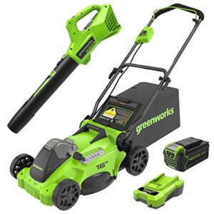 greenworks 40v 16" brushless lawn mower + blower (350 cfm), 4.0ah battery and charger included