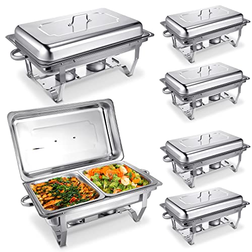 6 Pcs Chafing Dish Buffet Set 8 Qt Stainless Steel Chafer Complete Set Catering Buffet Servers and Warmers with Foldable Frame, Food Pan, Fuel Holder and Lid for Parties Banquet Wedding (2 Half Size)