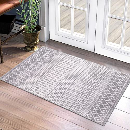 Nailttos Moroccan Washable Rug, 2x3 Grey Rug Non-Slip Small Distressed Entryway Rug, Soft Low-Pile Bedroom Rug Indoor Doormat Carpet Rugs for Entryway Kitchen Bathroom