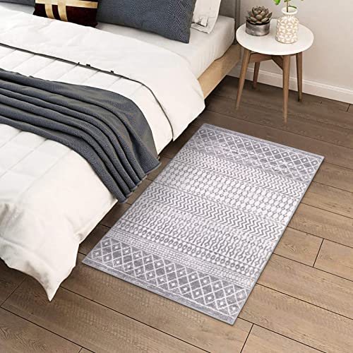 Nailttos Moroccan Washable Rug, 2x3 Grey Rug Non-Slip Small Distressed Entryway Rug, Soft Low-Pile Bedroom Rug Indoor Doormat Carpet Rugs for Entryway Kitchen Bathroom