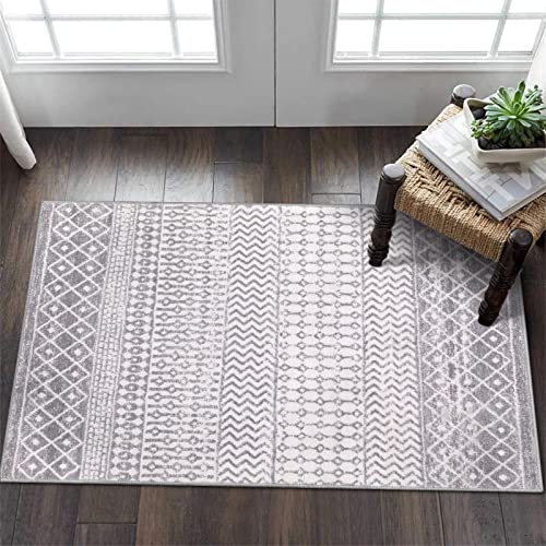 Nailttos Moroccan Washable Rug, 2x3 Grey Rug Non-Slip Small Distressed Entryway Rug, Soft Low-Pile Bedroom Rug Indoor Doormat Carpet Rugs for Entryway Kitchen Bathroom