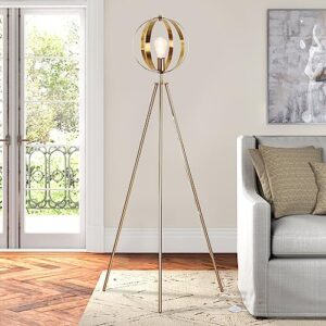 junnai gold tripod floor lamp: elegant tall lamp with brass rotating cage shade & e26 lamp base | modern standing lamp for living room, bedroom, office