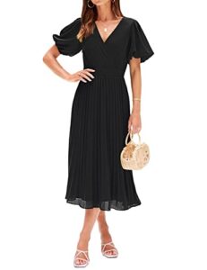 merokeety womens 2023 summer puff sleeve wrap v neck pleated flowy midi dress for wedding guest,black,m