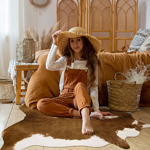 BENRON Cowhide Rug - 3' X 4' Ultra-Thin Cow Hide Rug No-shed Faux Cow Print Rugs for Bedroom Carpets Table Topper Wall Decor Cute Animal Rug Western Industry Style Fireplace Hearth Rug, Brown