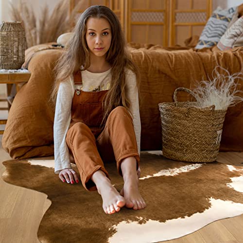 BENRON Cowhide Rug - 3' X 4' Ultra-Thin Cow Hide Rug No-shed Faux Cow Print Rugs for Bedroom Carpets Table Topper Wall Decor Cute Animal Rug Western Industry Style Fireplace Hearth Rug, Brown