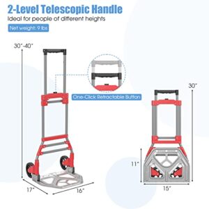 Goplus Folding Hand Truck, Lightweight Dolly Cart with Bungee Cord, Telescoping Handle, 2 Wheels, Portable Hand Cart for Office Home, Foldable Hand Truck Dolly