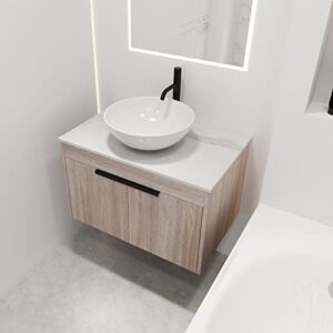 30 inch floating bathroom vanity with white ceramic sink, wall mount small bathroom vanity combo set with sink basin, modern wood bath vanity cabinet with 2 doors for small space