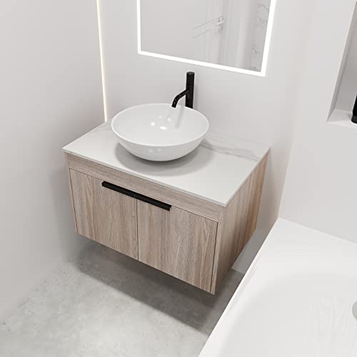 30 Inch Floating Bathroom Vanity with White Ceramic Sink, Wall Mount Small Bathroom Vanity Combo Set with Sink Basin, Modern Wood Bath Vanity Cabinet with 2 Doors for Small Space