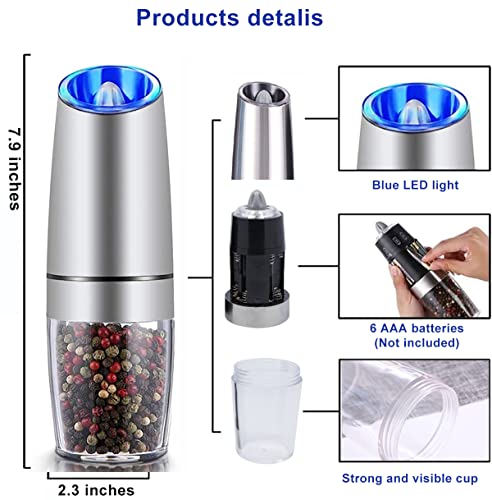 Gravity Electric Salt and Pepper Grinder with blue LED Light, Automatic Pepper and Salt Mill with Adjustable Coarseness, One Hand Operated Stainless Steel with Bush, Housewam Gift Yimilife