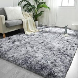 flydoit large area rugs for living room, 4x6 feet tie-dyed light grey shaggy rug fluffy throw carpets, ultra soft plush modern indoor fuzzy rugs for bedroom girls kids nursery room dorm home decor