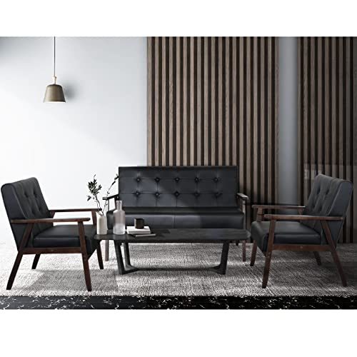 AODAILIHB Leather Sofa Couch Set 2 Accent Chairs & 1Loveseat Black Faux Leather Loveseats Mid Century Modern Office Couch for Small Space Waiting Room Living Room Furniture (3, Black)