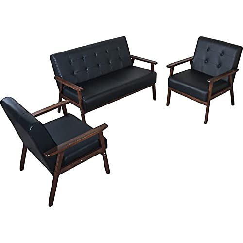 AODAILIHB Leather Sofa Couch Set 2 Accent Chairs & 1Loveseat Black Faux Leather Loveseats Mid Century Modern Office Couch for Small Space Waiting Room Living Room Furniture (3, Black)