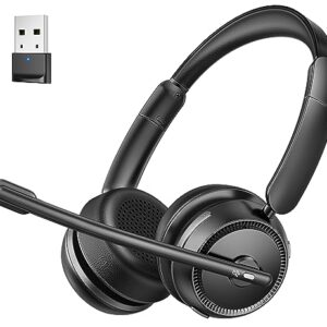 Pointcinco Bluetooth Headset with AI Noise Canceling Microphone, Stereo HiFi Bluetooth Headphones, Wireless Headset with USB Dongle for Computer Office Call Center Skype Zoom Meeting Trucker