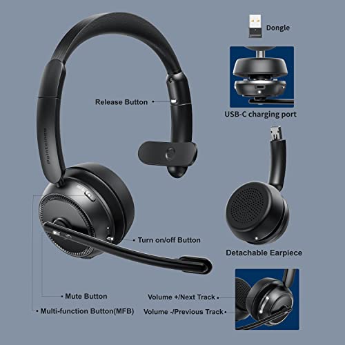 Pointcinco Bluetooth Headset with AI Noise Canceling Microphone, Stereo HiFi Bluetooth Headphones, Wireless Headset with USB Dongle for Computer Office Call Center Skype Zoom Meeting Trucker