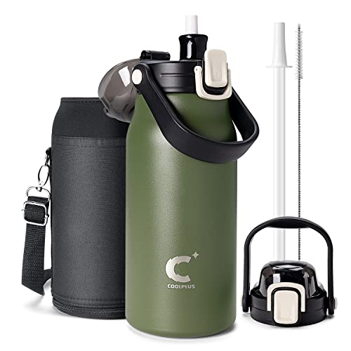 40 oz Water Bottle insulated, Cooplus Stainless Steel Water Flask with 2 Covered Auto Straw Lids, Metal Leakproof Bottle with Handle, Keep Cold 48h Hot 24h for Outdoor or Sports,Green