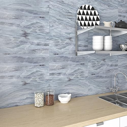 Livelynine Peel and Stick Floor Tile Blue Marble 24X12" 4-Tiles Stick on Bathroom Floor Tiles Peel and Stick Waterproof Vinyl Laminate Flooring Peel & Stick Tiles for Floor Kitchen Wall Tile Stickers