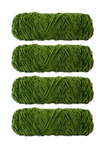 4 Skeins Chenille Yarn，Hand Knitting Soft Glossy Chenille Velvet Amigurumi Yarn for Crochet Weaving Blanket DIY Craft Total 400g (Harvest Green)