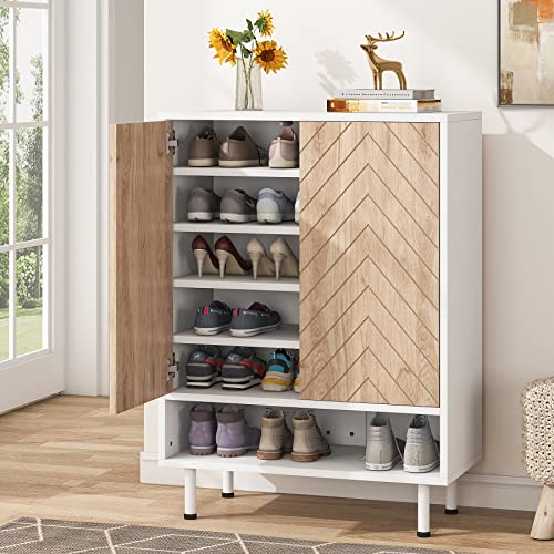 Tribesigns Shoe Cabinet, 18 Pair Rack Organizer Cabinet with Door, 6-Tier Modern Storage Shelves for Entryway Hallway Closet, White and Brown