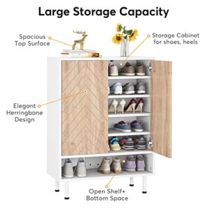 Tribesigns Shoe Cabinet, 18 Pair Rack Organizer Cabinet with Door, 6-Tier Modern Storage Shelves for Entryway Hallway Closet, White and Brown