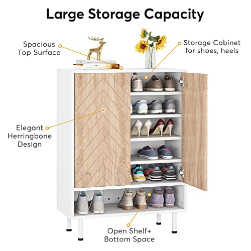 Tribesigns Shoe Cabinet, 18 Pair Rack Organizer Cabinet with Door, 6-Tier Modern Storage Shelves for Entryway Hallway Closet, White and Brown