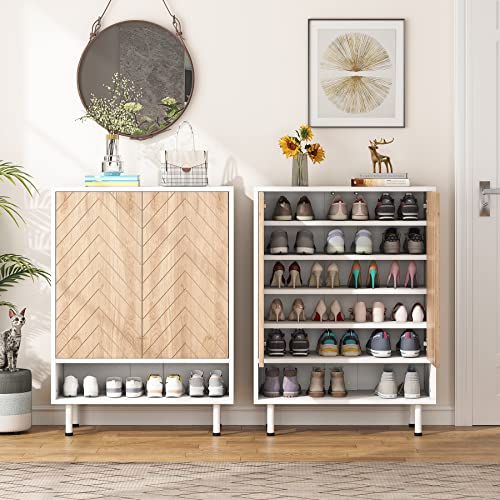 Tribesigns Shoe Cabinet, 18 Pair Rack Organizer Cabinet with Door, 6-Tier Modern Storage Shelves for Entryway Hallway Closet, White and Brown