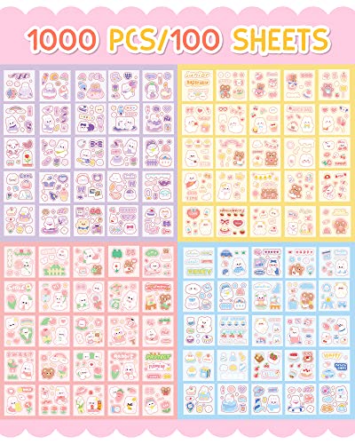 Benresive 1000 Pcs Cute Stickers for Kids, Water Bottle Stickers Kawaii Waterproof Vinyl Scrapbook Phone Laptop Stickers, 100 Sheets Journaling Aesthetic Sticker Packs for Girls Teens（Pink）