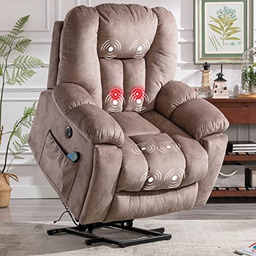 CANMOV Large Power Lift Recliner Chair with Massage and Heat for Elderly, Overstuffed Wide Recliner Heavy Duty and Safety Motion Reclining Mechanism with 2 Concealed Cup Holders, Light Brown