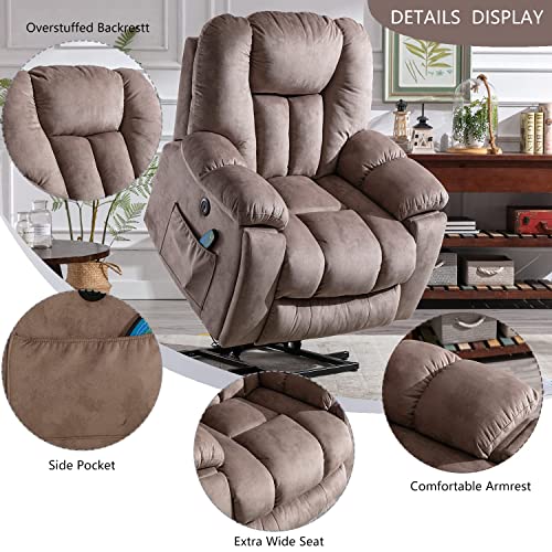 CANMOV Large Power Lift Recliner Chair with Massage and Heat for Elderly, Overstuffed Wide Recliner Heavy Duty and Safety Motion Reclining Mechanism with 2 Concealed Cup Holders, Light Brown