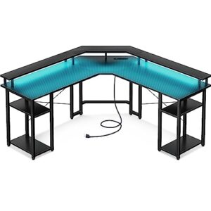 Coleshome L Shaped Gaming Desk with LED Lights & Power Outlets, Reversible 56" Computer Desk with Full Monitor Stand & Storage Shelves, Ergonomic Home Office Corner Desk, Black Carbon Fiber