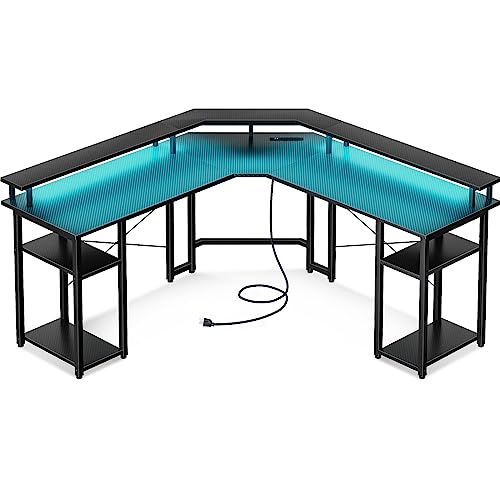 Coleshome L Shaped Gaming Desk with LED Lights & Power Outlets, Reversible 56" Computer Desk with Full Monitor Stand & Storage Shelves, Ergonomic Home Office Corner Desk, Black Carbon Fiber