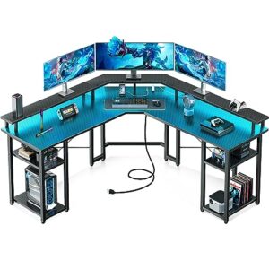 coleshome l shaped gaming desk with led lights & power outlets, reversible 56" computer desk with full monitor stand & storage shelves, ergonomic home office corner desk, black carbon fiber