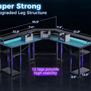 Coleshome L Shaped Gaming Desk with LED Lights & Power Outlets, Reversible 56" Computer Desk with Full Monitor Stand & Storage Shelves, Ergonomic Home Office Corner Desk, Black Carbon Fiber