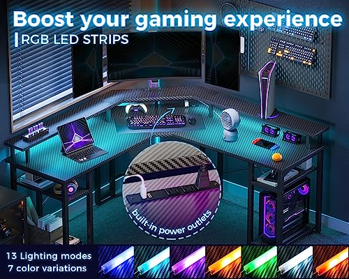 Coleshome L Shaped Gaming Desk with LED Lights & Power Outlets, Reversible 56" Computer Desk with Full Monitor Stand & Storage Shelves, Ergonomic Home Office Corner Desk, Black Carbon Fiber