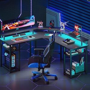 Coleshome L Shaped Gaming Desk with LED Lights & Power Outlets, Reversible 56" Computer Desk with Full Monitor Stand & Storage Shelves, Ergonomic Home Office Corner Desk, Black Carbon Fiber