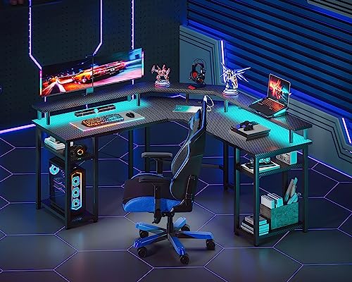 Coleshome L Shaped Gaming Desk with LED Lights & Power Outlets, Reversible 56" Computer Desk with Full Monitor Stand & Storage Shelves, Ergonomic Home Office Corner Desk, Black Carbon Fiber