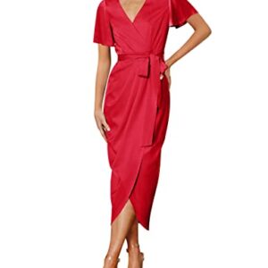 ZESICA Women's Elegant Bodycon Party Dress Satin Wrap V Neck Ruched Belted Formal Midi Dresses,Red,Medium