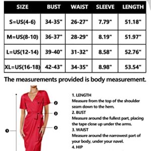 ZESICA Women's Elegant Bodycon Party Dress Satin Wrap V Neck Ruched Belted Formal Midi Dresses,Red,Medium