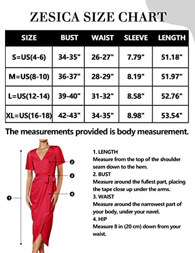 ZESICA Women's Elegant Bodycon Party Dress Satin Wrap V Neck Ruched Belted Formal Midi Dresses,Red,Medium