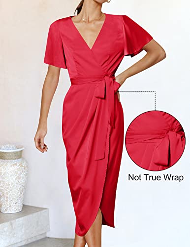 ZESICA Women's Elegant Bodycon Party Dress Satin Wrap V Neck Ruched Belted Formal Midi Dresses,Red,Medium