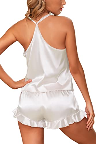 Anjue Silk Pajamas for Women Shorts Sets Ruffled Sexy V Neck Cami Tops Two Piece PJS Nightwear(White,XXL)