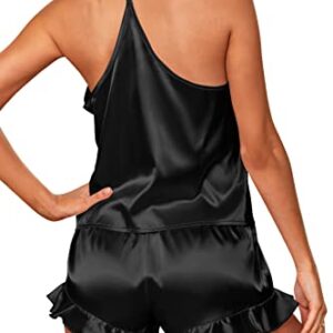 Anjue Womens Lingerie Sets Ruffle Silk Sleepwear Racerback Cami Shorts Pajamas Sets Loungwear(Black,L)