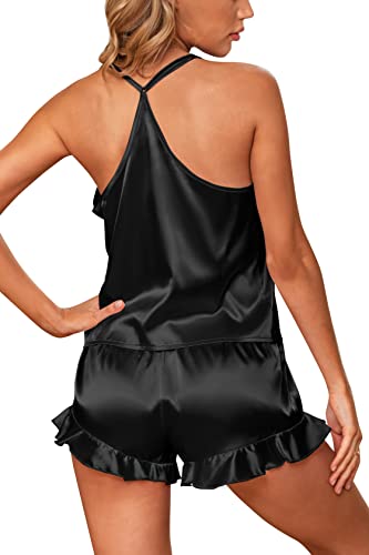 Anjue Womens Lingerie Sets Ruffle Silk Sleepwear Racerback Cami Shorts Pajamas Sets Loungwear(Black,L)