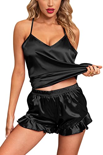 Anjue Womens Lingerie Sets Ruffle Silk Sleepwear Racerback Cami Shorts Pajamas Sets Loungwear(Black,L)