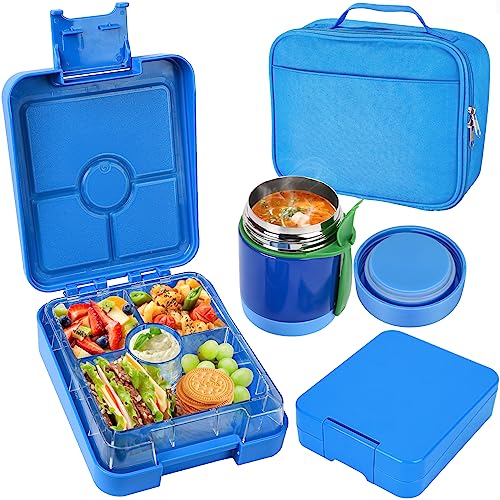 Bento Lunch Box Set With 10oz Soup Thermo, Leak-proof Lunch Containers with 4 Compartment, Kids Hot Thermo Food Jar/Insulation Lunch Bag, Food Containers for School （Solid）