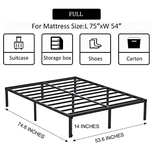 ALDRICH 14 Inch Metal Full Size Bed Frame - Double Black Basic Anti Squeak Steel Slats Platform, Easy Assembly Heavy Duty Noise Free Bedframes, No Box Spring Needed