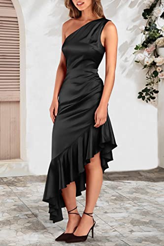 PRETTYGARDEN Women's 2023 Casual Summer Dress One Shoulder Sleeveless Ruffle Hem Wedding Guest Ruched Bodycon Maxi Dresses (Black,Medium)