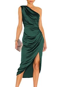 prettygarden women's elegant satin midi bodycon dress 2023 summer one shoulder ruched wrap cocktail party dresses (dark green,large)