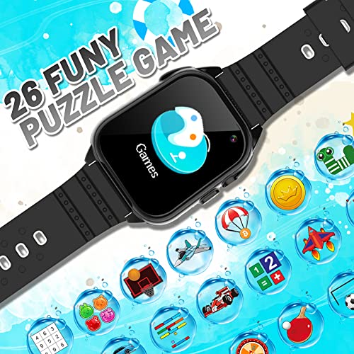 Waterproof Kids Game Smart Watch with 26 Puzzle Game HD Touchscreen Camera Video Music Player Pedometer Alarm Clock Flashlight Educationals Learning Toys for Girls Boys 3-12 Years Old (Black)