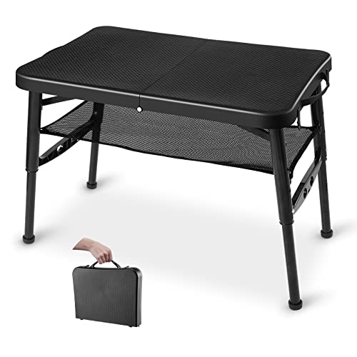 imodomio Small Folding Camping Table Portable - Adjustable Height Fold Up Table with Mesh Layer Foldable Table Lightweight with Carry Handle for Outdoor Hiking Camp BBQ Picnic Beach Cooking