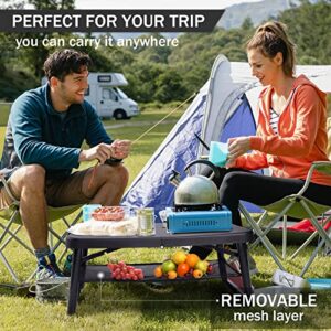 imodomio Small Folding Camping Table Portable - Adjustable Height Fold Up Table with Mesh Layer Foldable Table Lightweight with Carry Handle for Outdoor Hiking Camp BBQ Picnic Beach Cooking